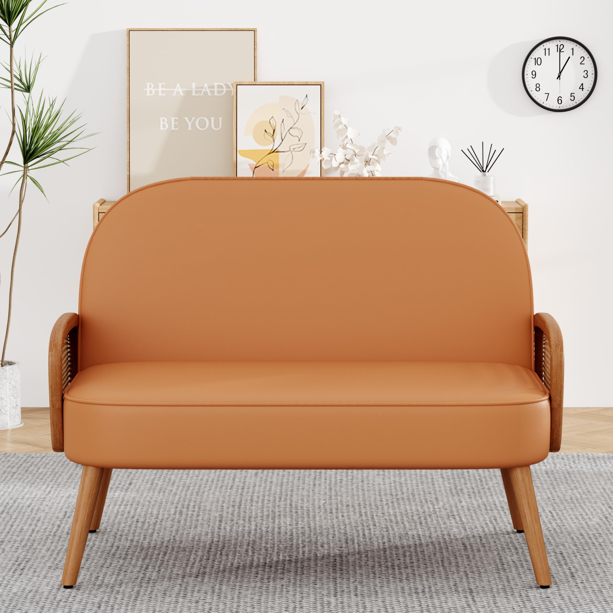 WENTMENT Loveseat Sofa Small Couch for Living Room, Faux Leather Mini Couch Love Seat with Natural Rattan Armrest and Solid Wooden Legs Small Sofa for Small Space, Bedroom, Apartment（Orange）