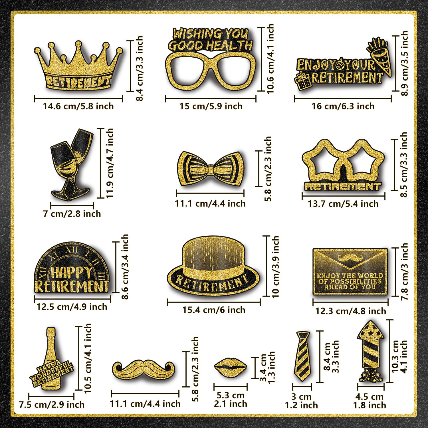 Retirement Party Decorations - 68 pcs Gold Black Happy Retirement Decorations with Banner, Tablecloth, Small Plates Photo Props, Cake Topper, Cupcake Toppers, Balloons, Swirls Shoulder Girdle for Men