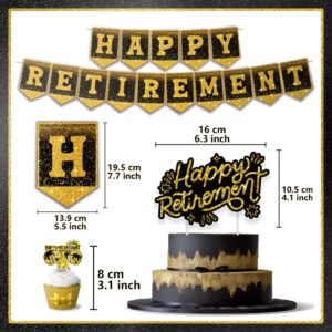 Retirement Party Decorations - 68 pcs Gold Black Happy Retirement Decorations with Banner, Tablecloth, Small Plates Photo Props, Cake Topper, Cupcake Toppers, Balloons, Swirls Shoulder Girdle for Men