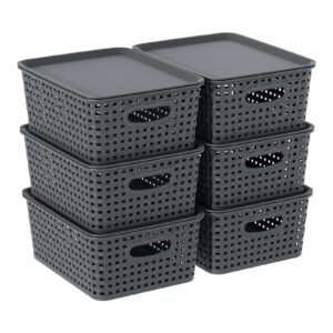 Xyskin 6 Pack Plastic Storage Baskets with Lid, Lidded Organizer Shelf Basket Bin for Shelves Drawers Desktop, Grey