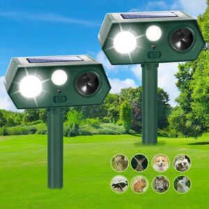 2 pack solar animal repellent ultrasonic animal deterrent outdoor with motion sensor & flash light for deer squirrel cat skunk rabbit dog raccoon, waterproof cat repellent dog repellent for yard lawn