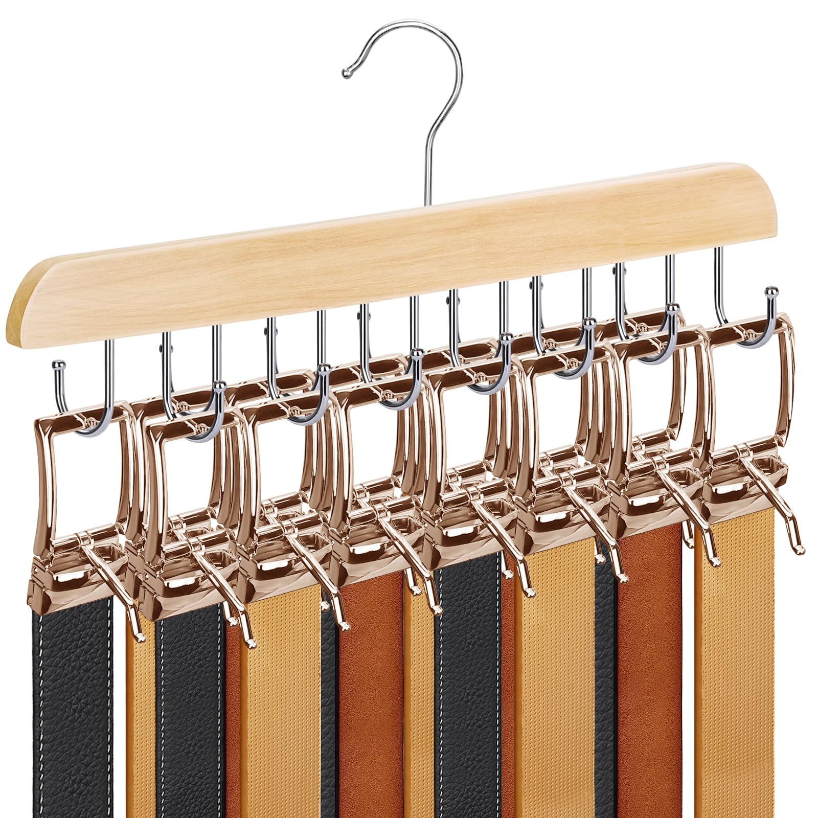 NECAMOCU Belt Hanger, Natural Wooden Belt Organizer for Closet, 360° Rotating Tie & Belt Rack for Storage with 14 Hooks, Sturdy Belt Holder Space Saver for Belt, Tie, Bra, Scarf, Tank Top Accessories