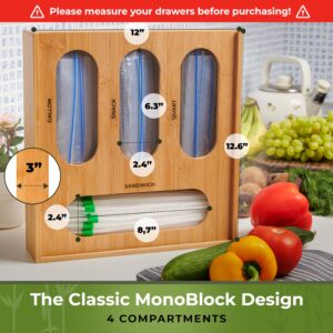 Food Storage Bag Organizer, Plastic Bag Organizer - Bamboo Monoblock Design Baggie Organizer for Drawer with Labels Included, Sandwich Bag Organizer, Quick Refill Slider, by Woodenhouse