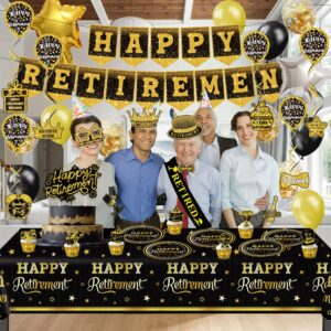 Retirement Party Decorations - 68 pcs Gold Black Happy Retirement Decorations with Banner, Tablecloth, Small Plates Photo Props, Cake Topper, Cupcake Toppers, Balloons, Swirls Shoulder Girdle for Men