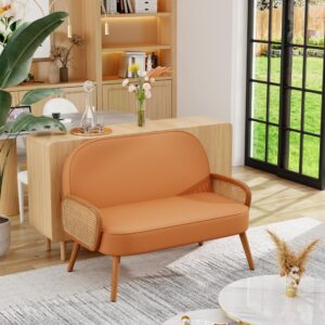 WENTMENT Loveseat Sofa Small Couch for Living Room, Faux Leather Mini Couch Love Seat with Natural Rattan Armrest and Solid Wooden Legs Small Sofa for Small Space, Bedroom, Apartment（Orange）