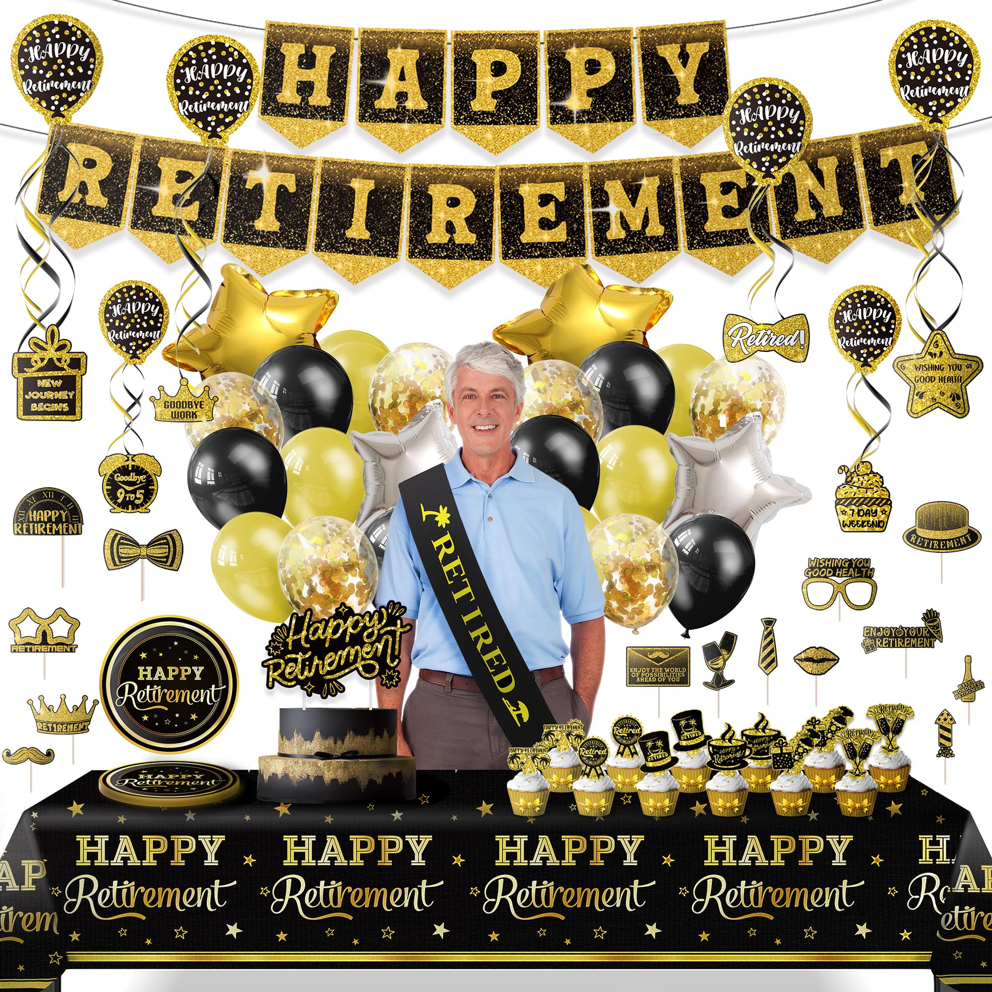 Retirement Party Decorations - 68 pcs Gold Black Happy Retirement Decorations with Banner, Tablecloth, Small Plates Photo Props, Cake Topper, Cupcake Toppers, Balloons, Swirls Shoulder Girdle for Men