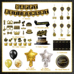 Retirement Party Decorations - 68 pcs Gold Black Happy Retirement Decorations with Banner, Tablecloth, Small Plates Photo Props, Cake Topper, Cupcake Toppers, Balloons, Swirls Shoulder Girdle for Men