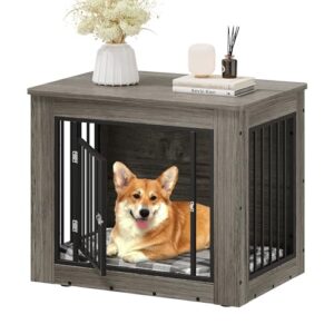 yitahome dog crate furniture for medium dogs, side end table, modern dogs kennel indoor up to 35 lb, 2-in-1 iron-wood fusion dog cage with waterproof top, safety corners,steel lock,30" l,greige