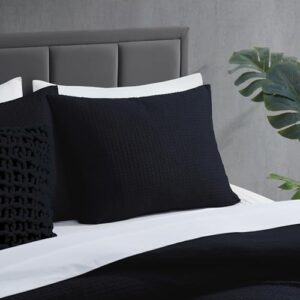 DKNY Bedding Modern Waffle 3-Piece Cotton Duvet Cover Set, King, Faded Black