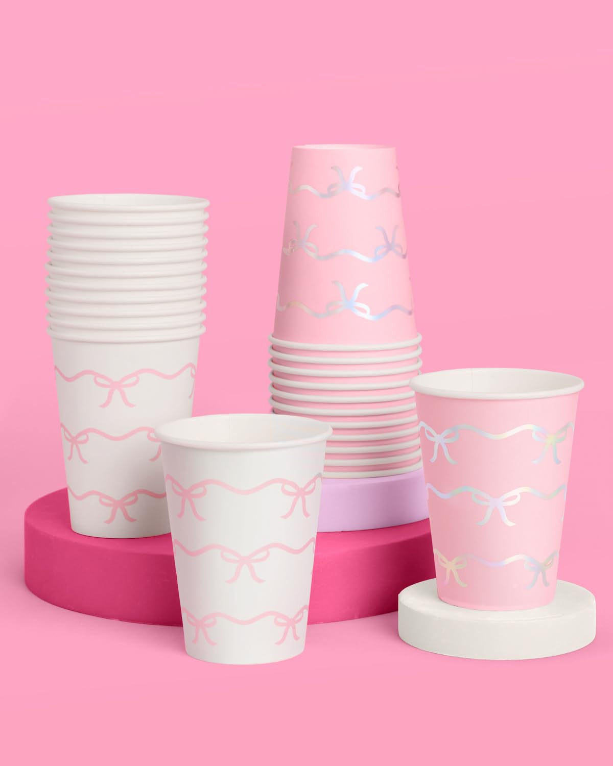 xo, Fetti Party Decorations Bow Paper Cups - 24 Disposable 14 oz Foil Cups | Pretty Bachelorette Decorations, Bow Theme Birthday Party, Bridal Engagement Drinkware, Coquette Cute Supplies