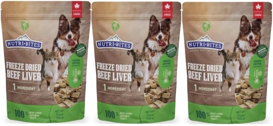 (Pack of 3) NutriBites Freeze Dried Liver Treats for Dogs & Cats - High-Protein Single Ingredient Freeze Dried Dog Treats, Beef Liver - Grain Free, Easy to Digest - Proudly Made in Canada - 17.6oz