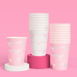 xo, fetti party decorations bow paper cups - 24 disposable 14 oz foil cups | pretty bachelorette decorations, bow theme birthday party, bridal engagement drinkware, coquette cute supplies