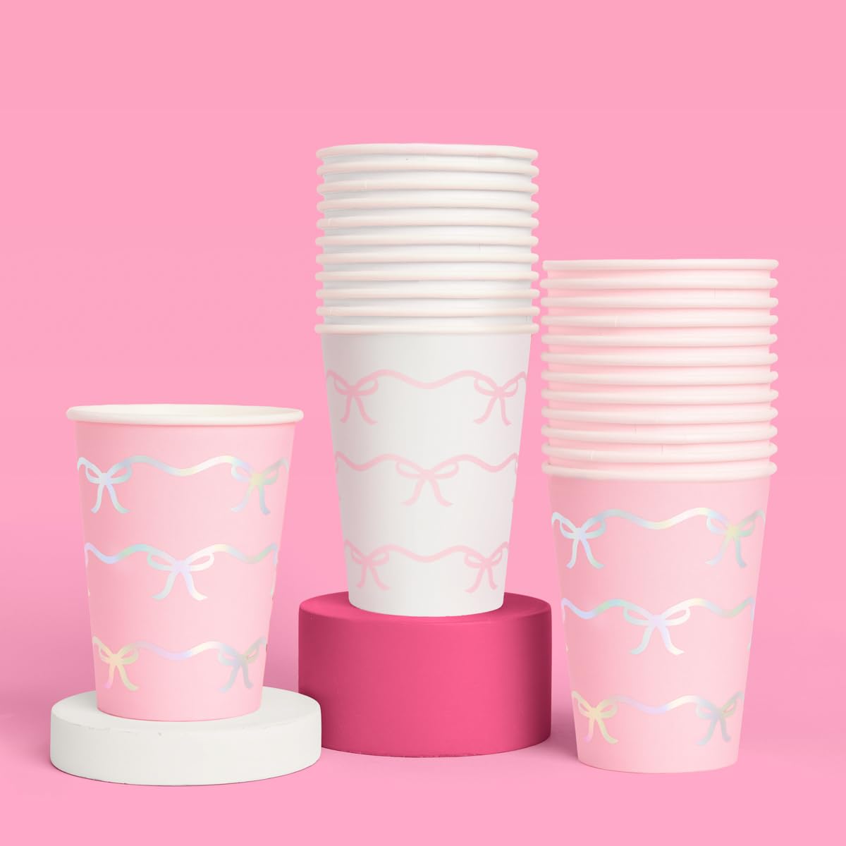 xo, Fetti Party Decorations Bow Paper Cups - 24 Disposable 14 oz Foil Cups | Pretty Bachelorette Decorations, Bow Theme Birthday Party, Bridal Engagement Drinkware, Coquette Cute Supplies