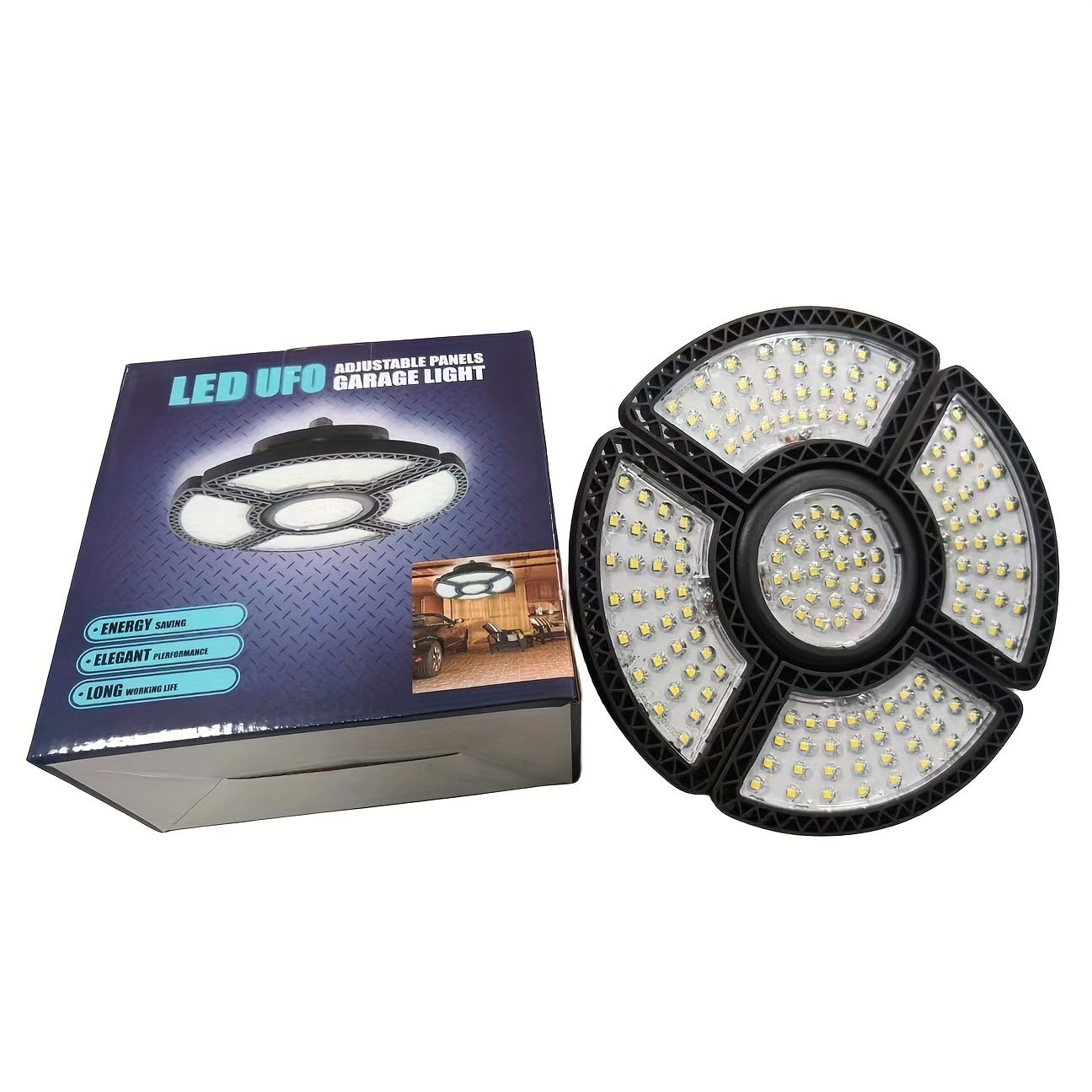 LED Garage Lights of Lens,300W Deformable Garage Ceiling Light 30000LM E26/E27 Basement Lights with 4+1 Adjustable LED Panels for Workshop, Shop, Garage, Warehouse(NO Motion Activated)