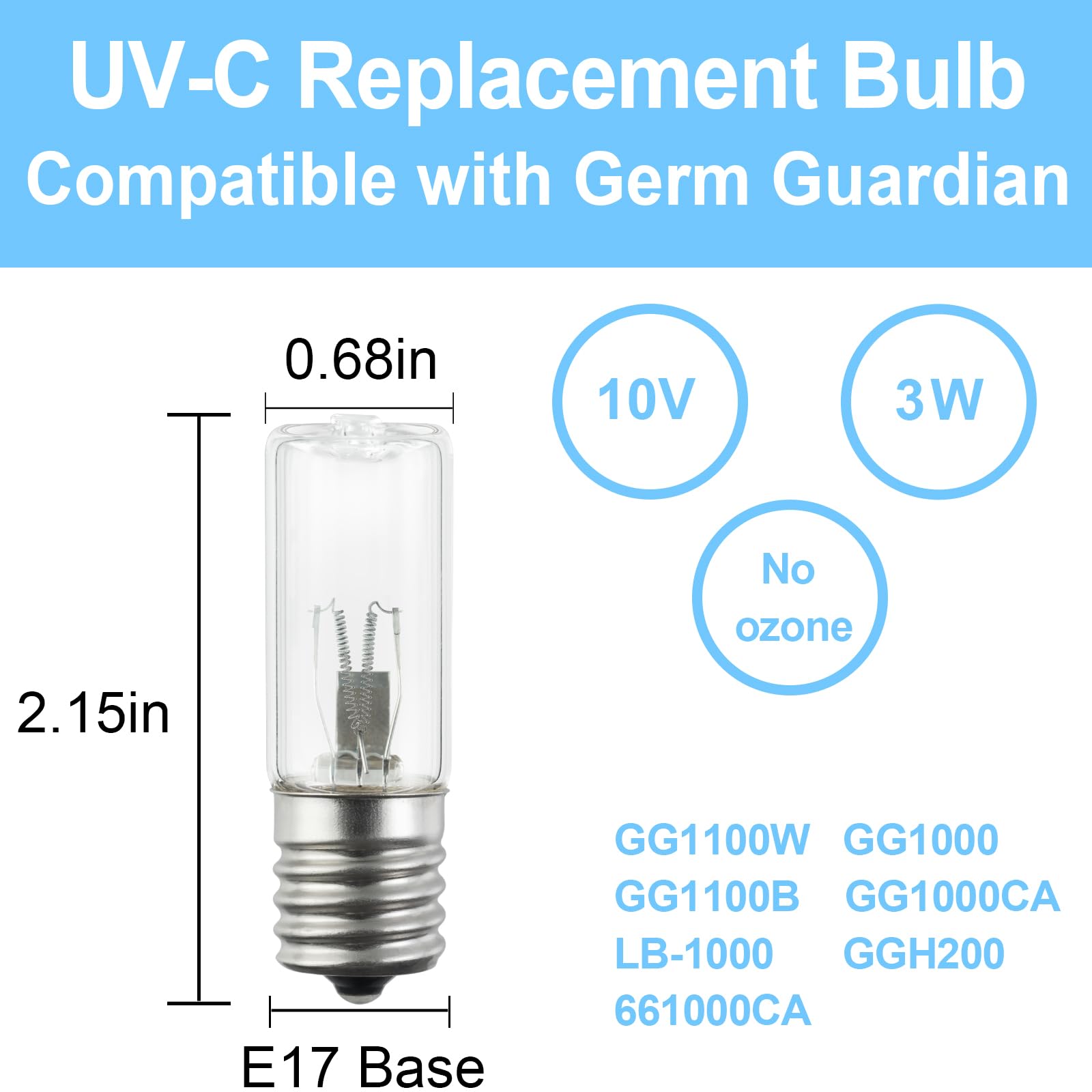 YEGRUEB UV-C Replacement Bulb 3W for Germ Guardian GG1000, GG1100B, GG1000CA, GG1100W,LB-1000, GGH200,661000CA(Pack of 4)