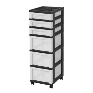 storage drawer tower 6-drawer plastic storage cart with organizer top and wheels, clear/black