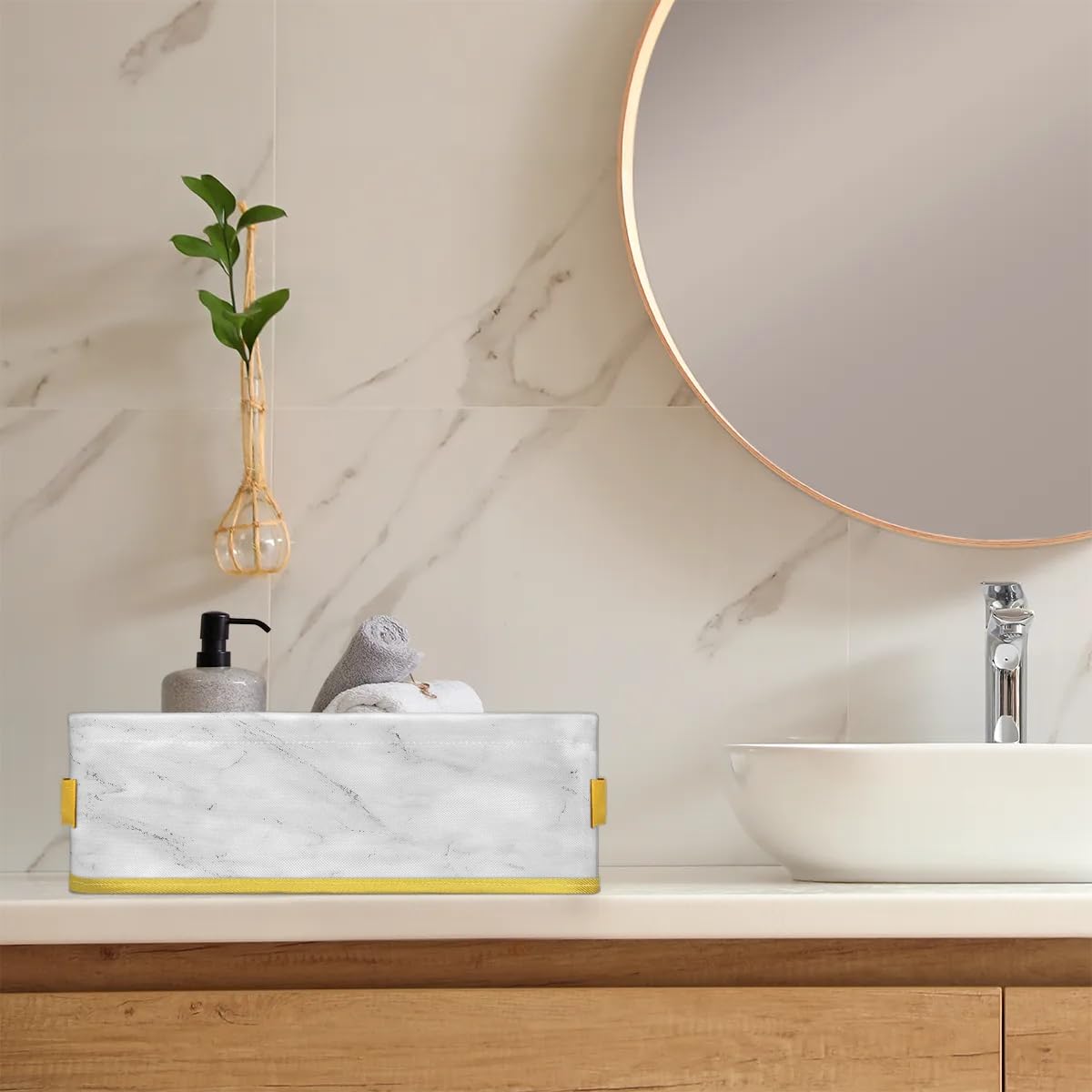 Tablerazzi White Marble Toilet Tank Topper Paper Basket with Handle, Abstract Marble Storage Basket for Organizing, Small Fabric Storage Bins for Bathroom Decor