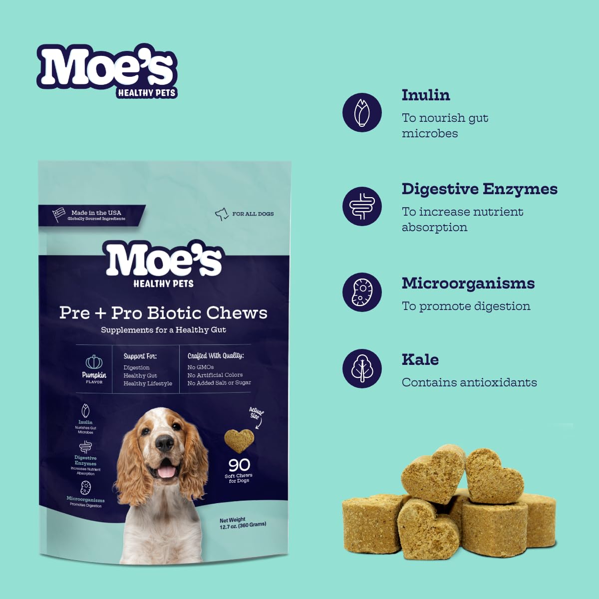 Moe's Healthy Pets Prebiotic and Probiotic for Dogs - Dog Probiotics for Digestive Health and Vitality - Probiotic Chews for Dogs with Pumpkin Flavor - Fiber Supplement for Gut Health for Dogs