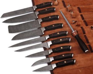 handmade damascus kitchen chef knife set - professional damascus steel knife set - 10 pcs japanese damascus knife set with leather bag/case(10801)