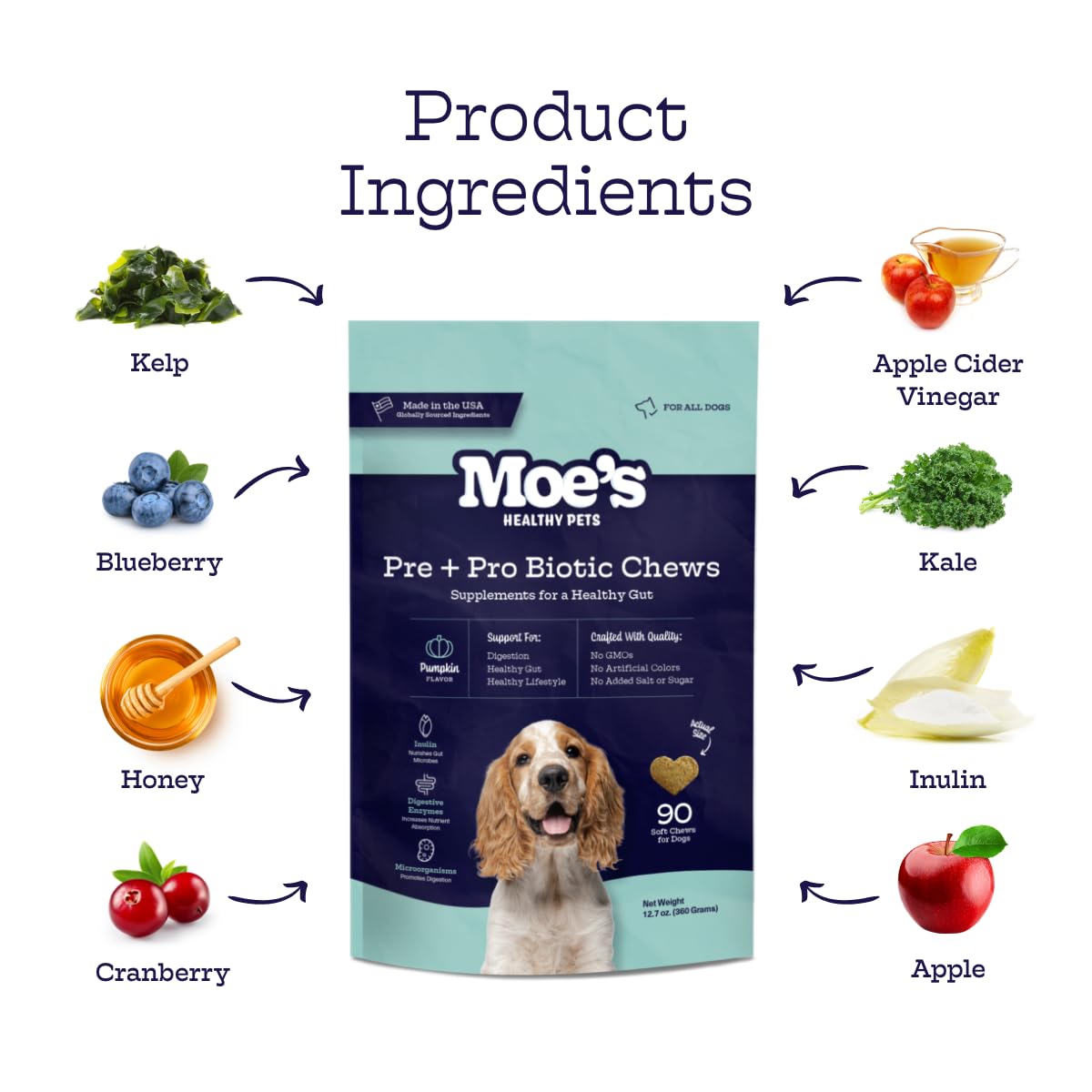 Moe's Healthy Pets Prebiotic and Probiotic for Dogs - Dog Probiotics for Digestive Health and Vitality - Probiotic Chews for Dogs with Pumpkin Flavor - Fiber Supplement for Gut Health for Dogs