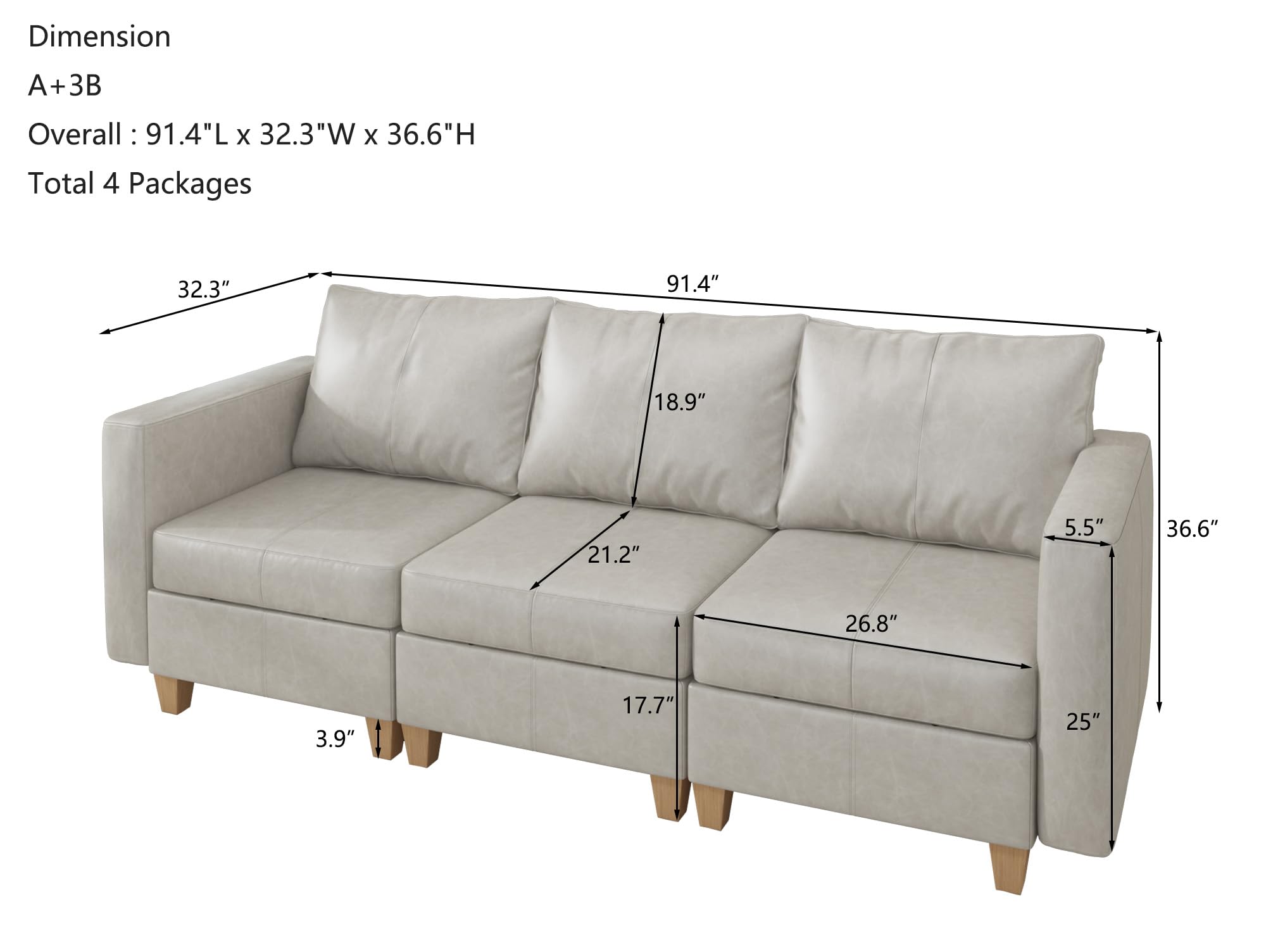 EASE MOOSE Convertible Modular Sofa Sectional Couch with Reversible Chaises,3 Seat Faux Leather Sectional Sofa Couch with Storage for Living Room Home Office