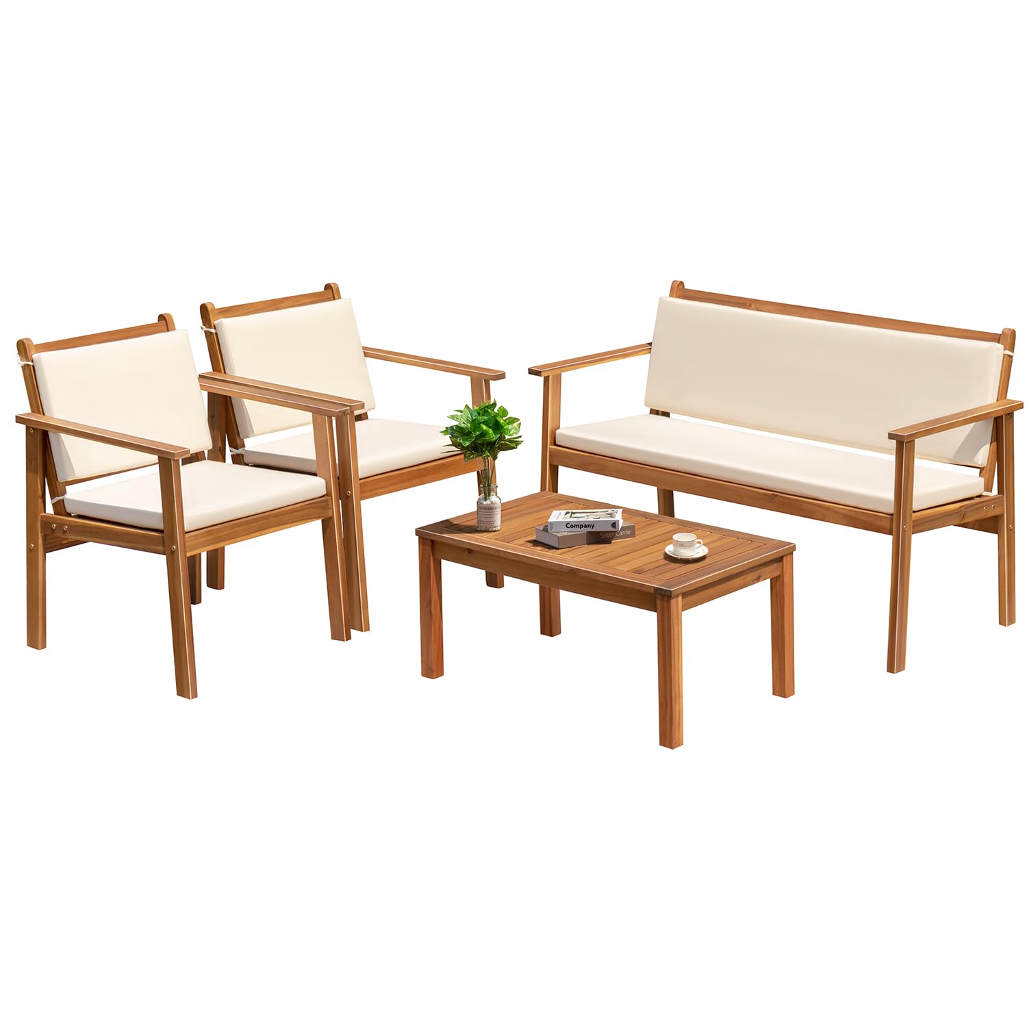 Greesum 4 Piece Bistro Patio Furniture Outdoor Chat Chair Set with Water Resistant Cushions and Coffee Table for Beach Backyard Garden, Acacia Wood