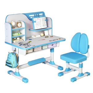 kids study desk and chair set, height adjustable kids school desk, wood cartoon learning desks, kids desk with storage, children study table with storage, large writing board, bookshelf (blue)