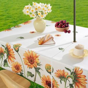 MATIRUG Outdoor Sunflower Tablecloths with Umbrella Hole,Zipper 60x102 Inch Rctangluar, Spillproof Washable Watercolor Sunflower Floral Fabric Table Cloth,Table Cover for Picnic Dinner Patio