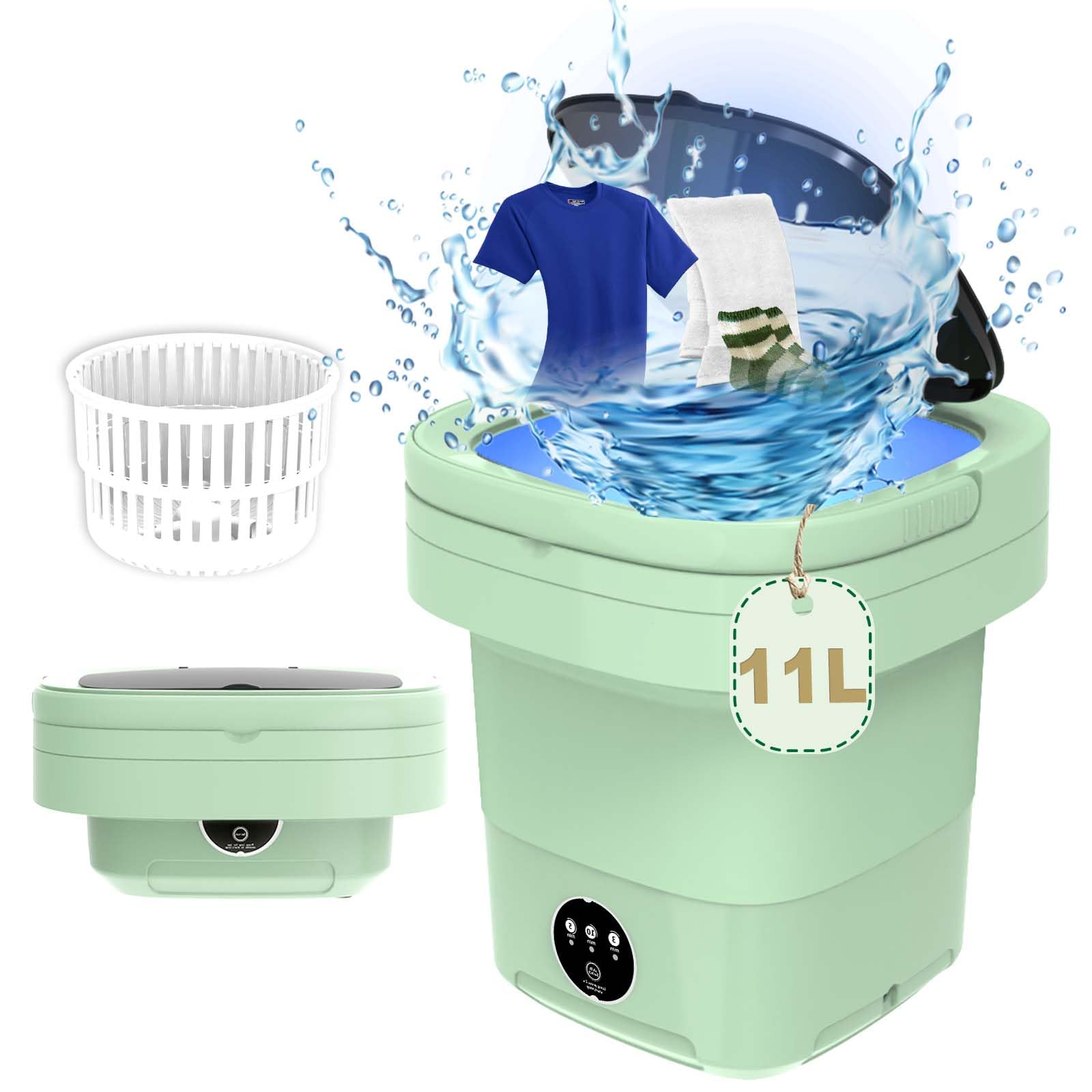 Portable Washing Machine, 11L Large Capacity Collapsible Mini Washing Machine, Foldable Washer and Dryer with Spin for Travel, Socks, Baby Clothes