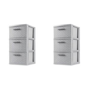 3 drawer weave storage tower set of 2, plastic decorative drawers to organize clothes in bedroom with gray drawers