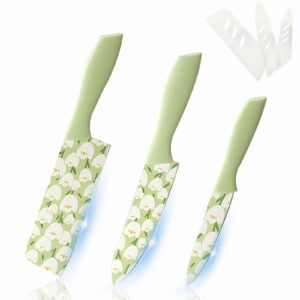 WREWING Kitchen Knife Set, 3 Pieces Green Flower Coated Knife Set with Cover, Stainless Steel Non-Stick Chef Knives Set with Ergonomic Plastic Handle, Lightweight Kitchen Knives for Mother Women Girl