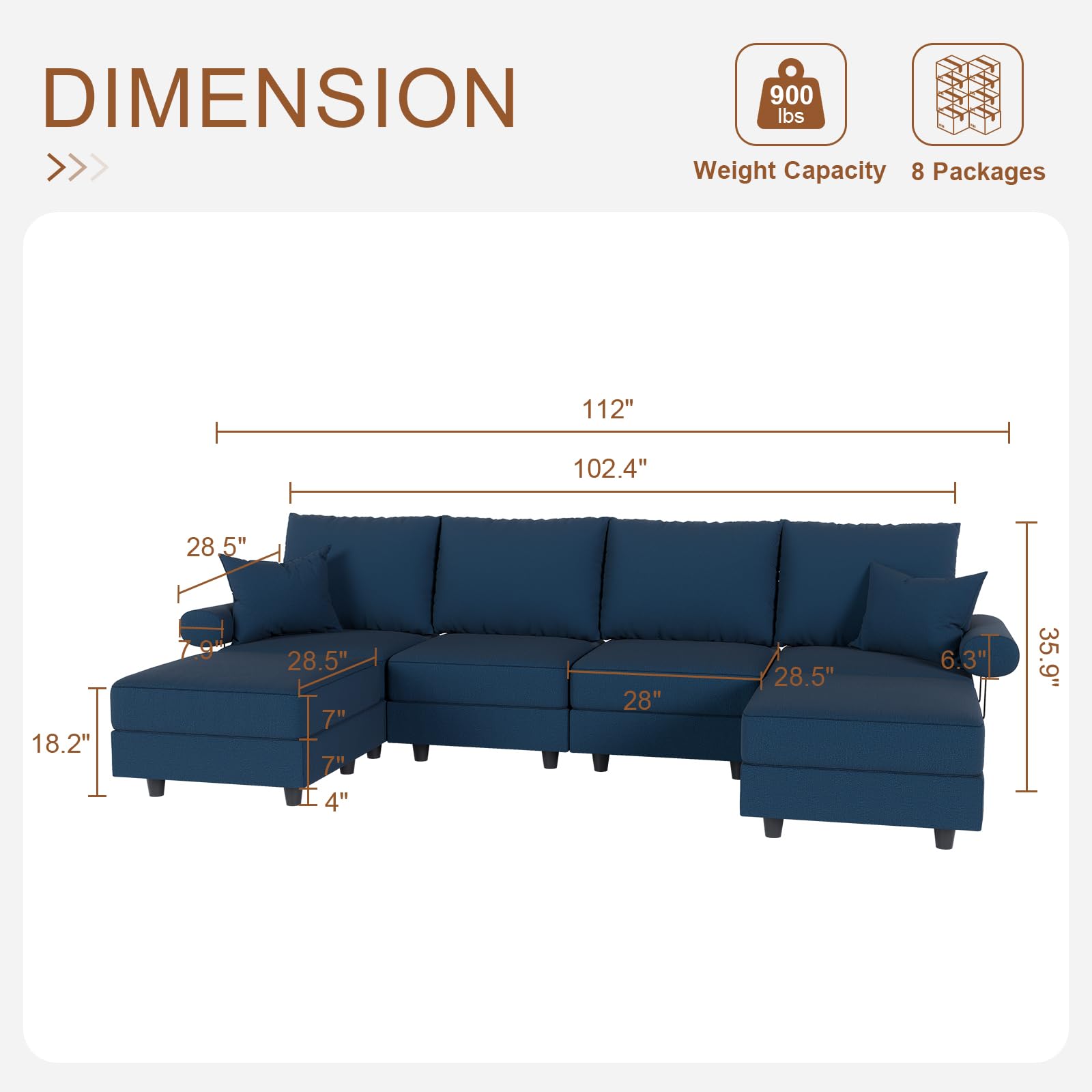 HALLYBEE Sectional Couches for Living Room Breathable Linen Oversized U Shaped Couch Convertible with Storage Modular Sectional Sofa with Ottoman 6 Seats Sectional Sofa Blue