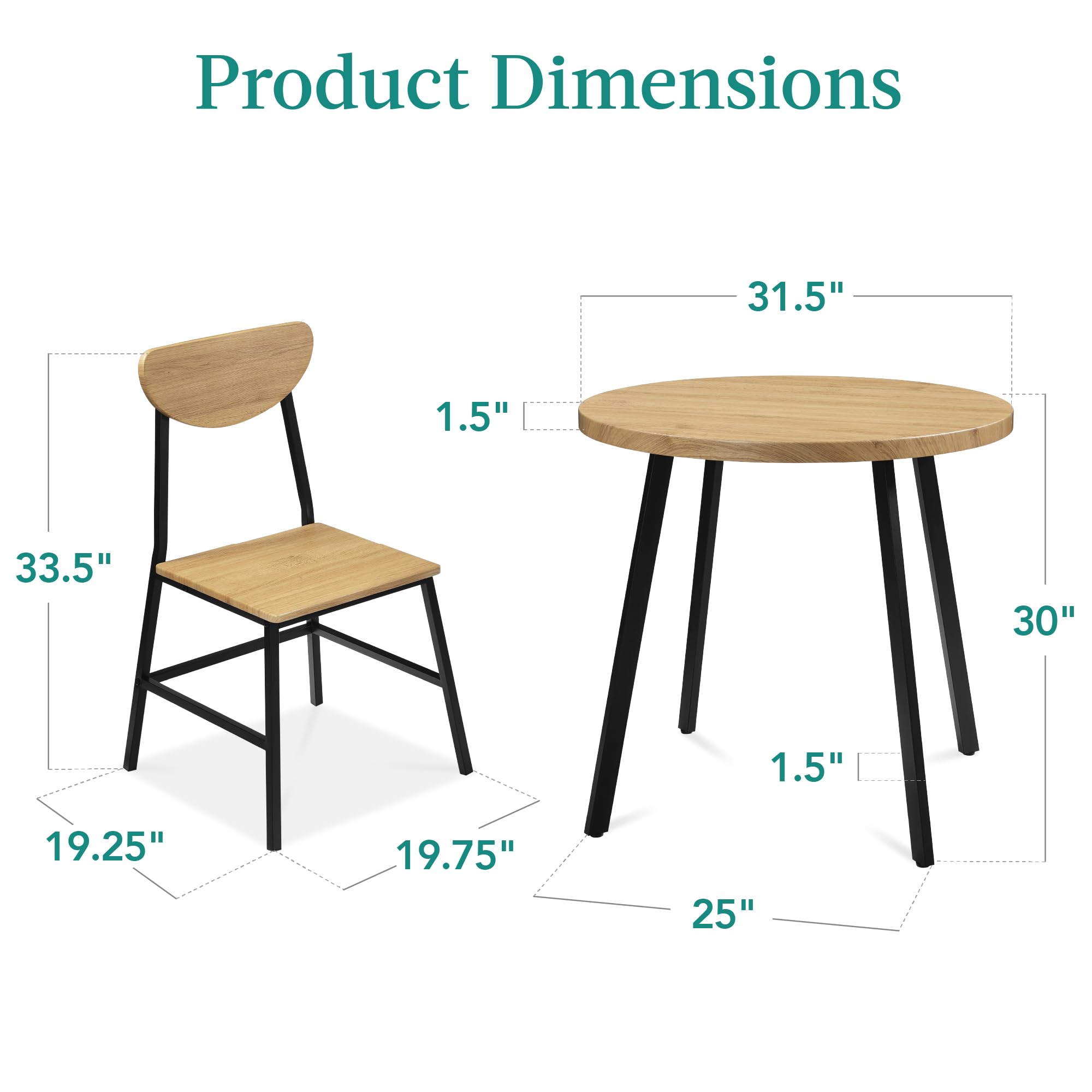 Best Choice Products 3-Piece Mid-Century Modern Round Dining Set, Space Saving Dinette for Kitchen, Dining Room, Small Space w/Metal Legs - Natural