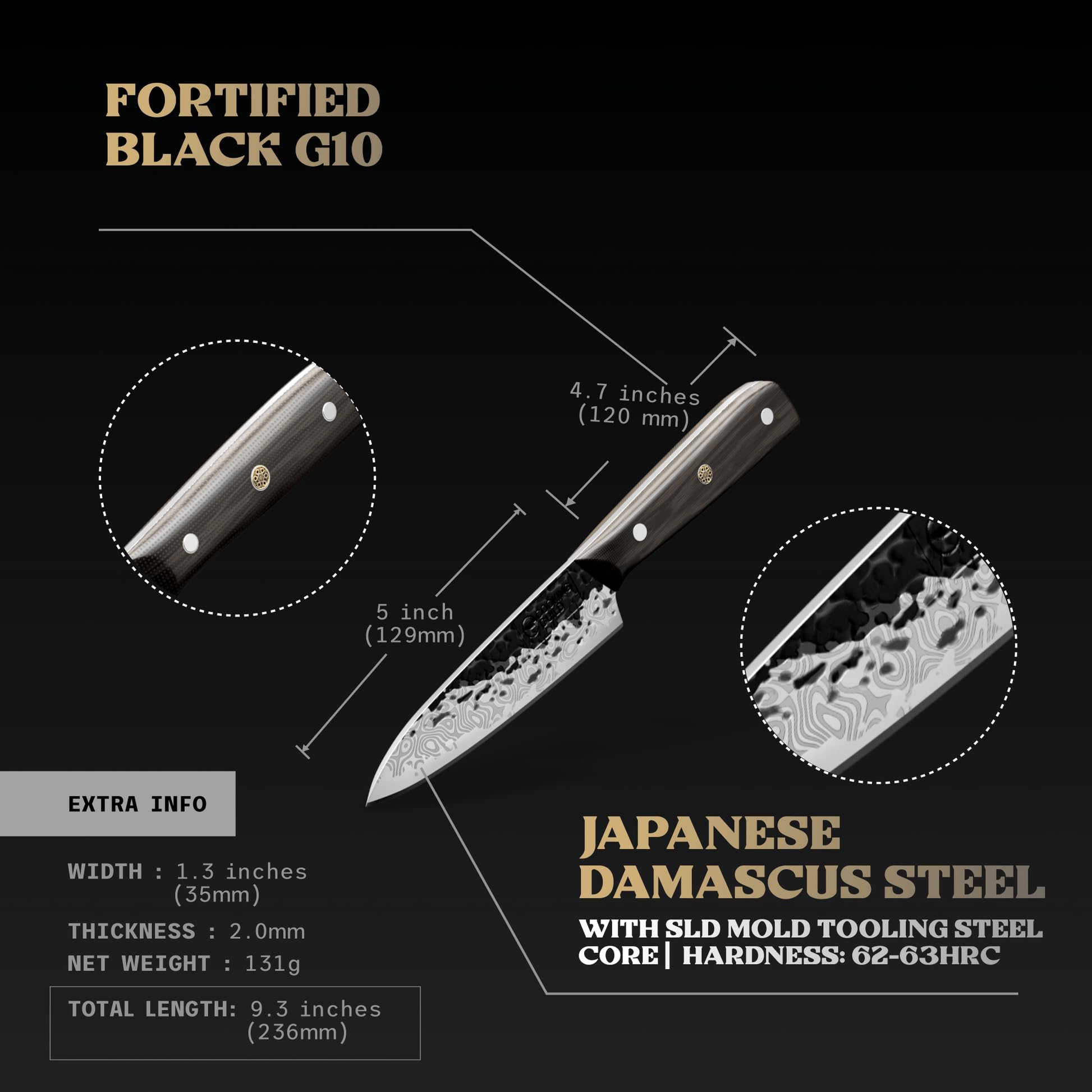 The Cooking Guild - Petty Knife - 67 Layers Japanese Damascus Steel - Comfortable G10 Handle - Includes Protective ONYX Sheath - Perfect for Professional Chefs and Home Cooks