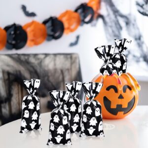 Whaline 100Pcs Halloween Cellophane Treat Bags with Silver Twist Ties Black White Ghost Plastic Candy Goodie Bags Party Favor Bags for Halloween Party Favors