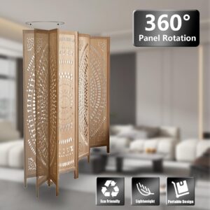 ALeesing 6 Panel Wood Room Divider Fully Assembled, Carved Boho Room Dividers and Folding Screens, 5.6Ft Room Divider Screen Freestanding Partition Wall Dividers for Home Bedroom Office, Brown