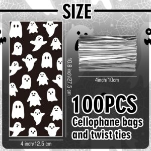 Whaline 100Pcs Halloween Cellophane Treat Bags with Silver Twist Ties Black White Ghost Plastic Candy Goodie Bags Party Favor Bags for Halloween Party Favors