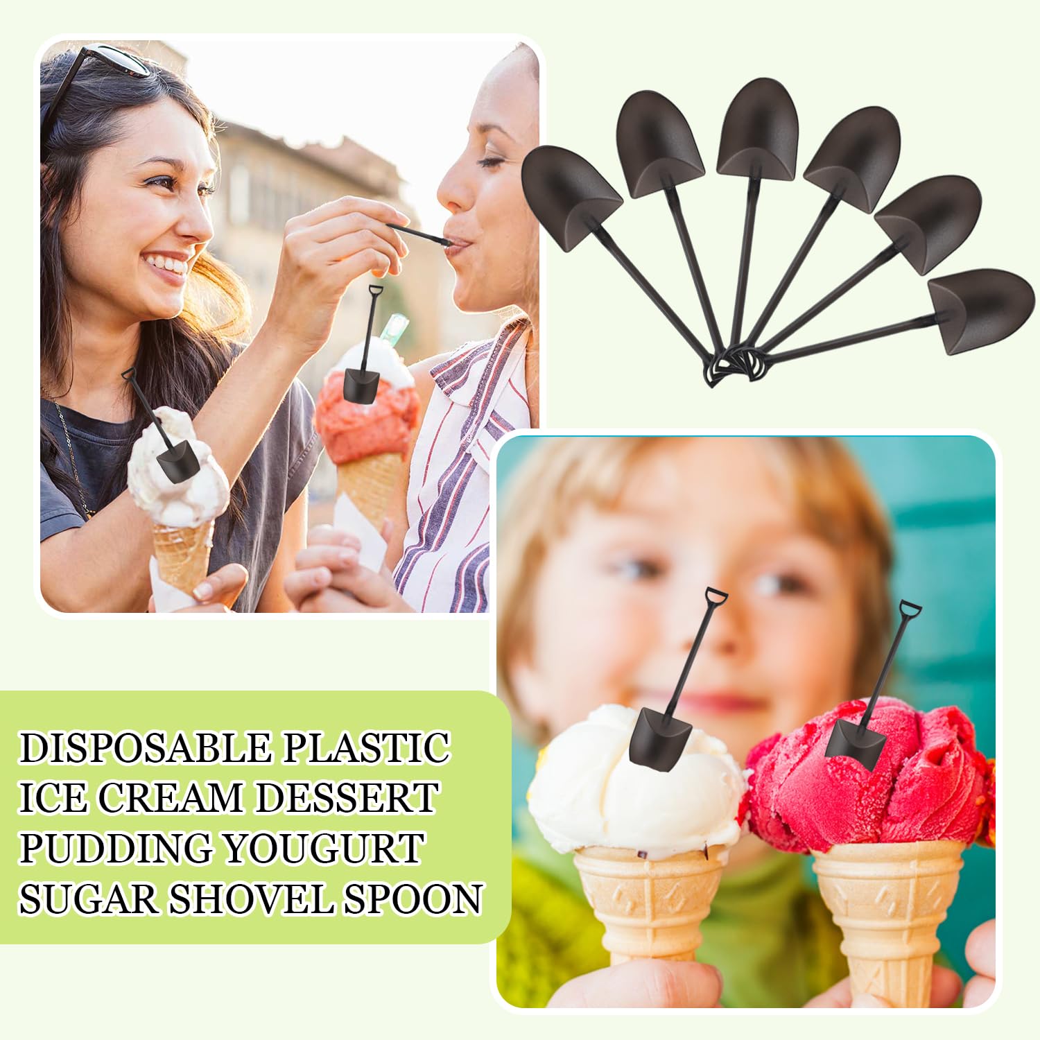 FOIMAS 80pcs Mini Shovel Spoons Disposable Platsic Dessert Shovel Shaped Spoon for Ice Cream Pudding Yogurt Party Supply,Black