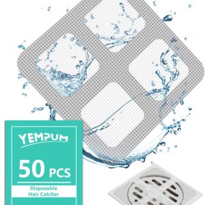 Yempum Disposable Shower Drain Hair Catcher 50 Pack Square Disposable Drain Hair Catcher Drain Covers Bathroom Laundry Bathtub Kitchen Sink Floor Drain Sticker for Human & Pet Hair 4" X 4"