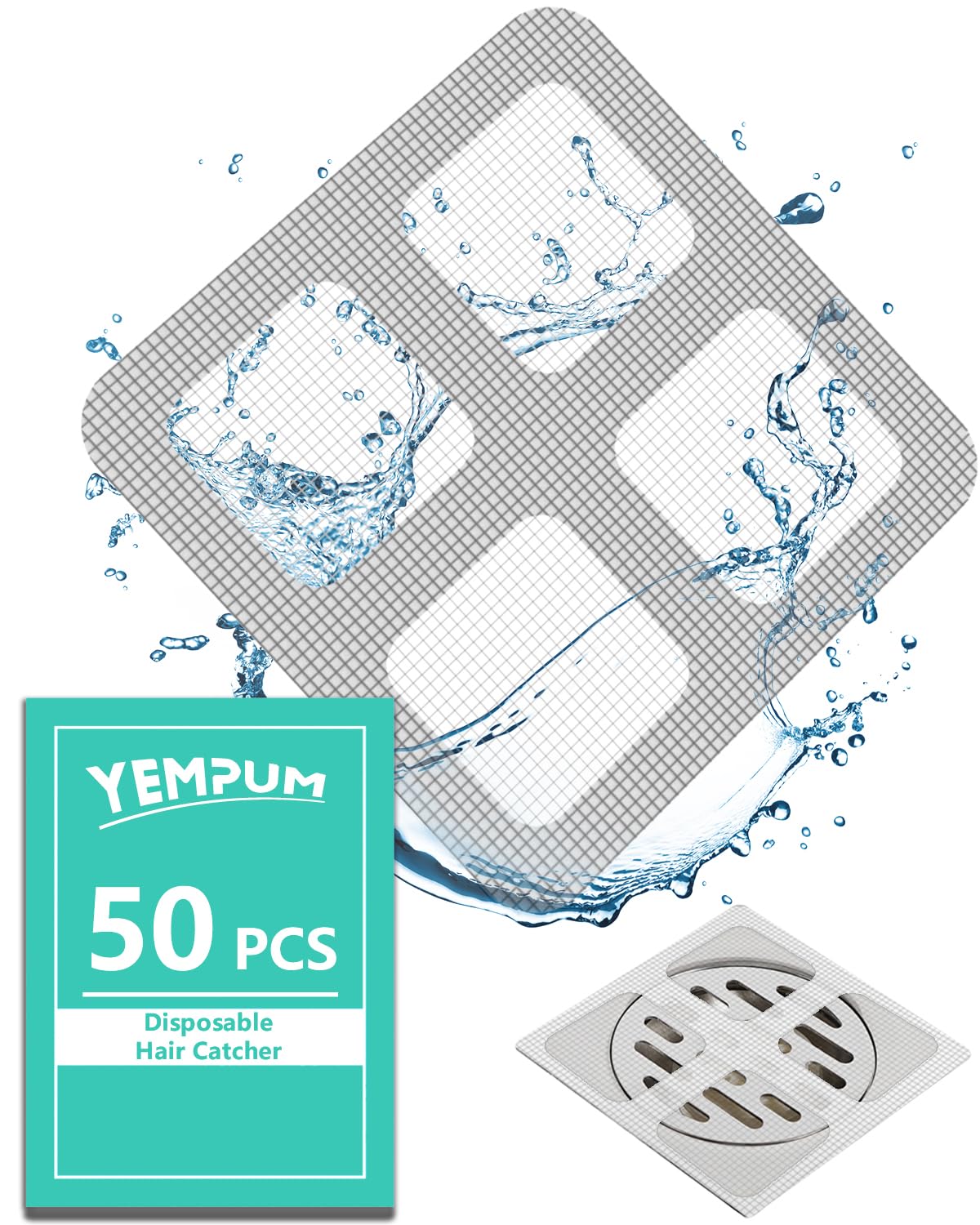 Yempum Disposable Shower Drain Hair Catcher 50 Pack Square Disposable Drain Hair Catcher Drain Covers Bathroom Laundry Bathtub Kitchen Sink Floor Drain Sticker for Human & Pet Hair 4" X 4"