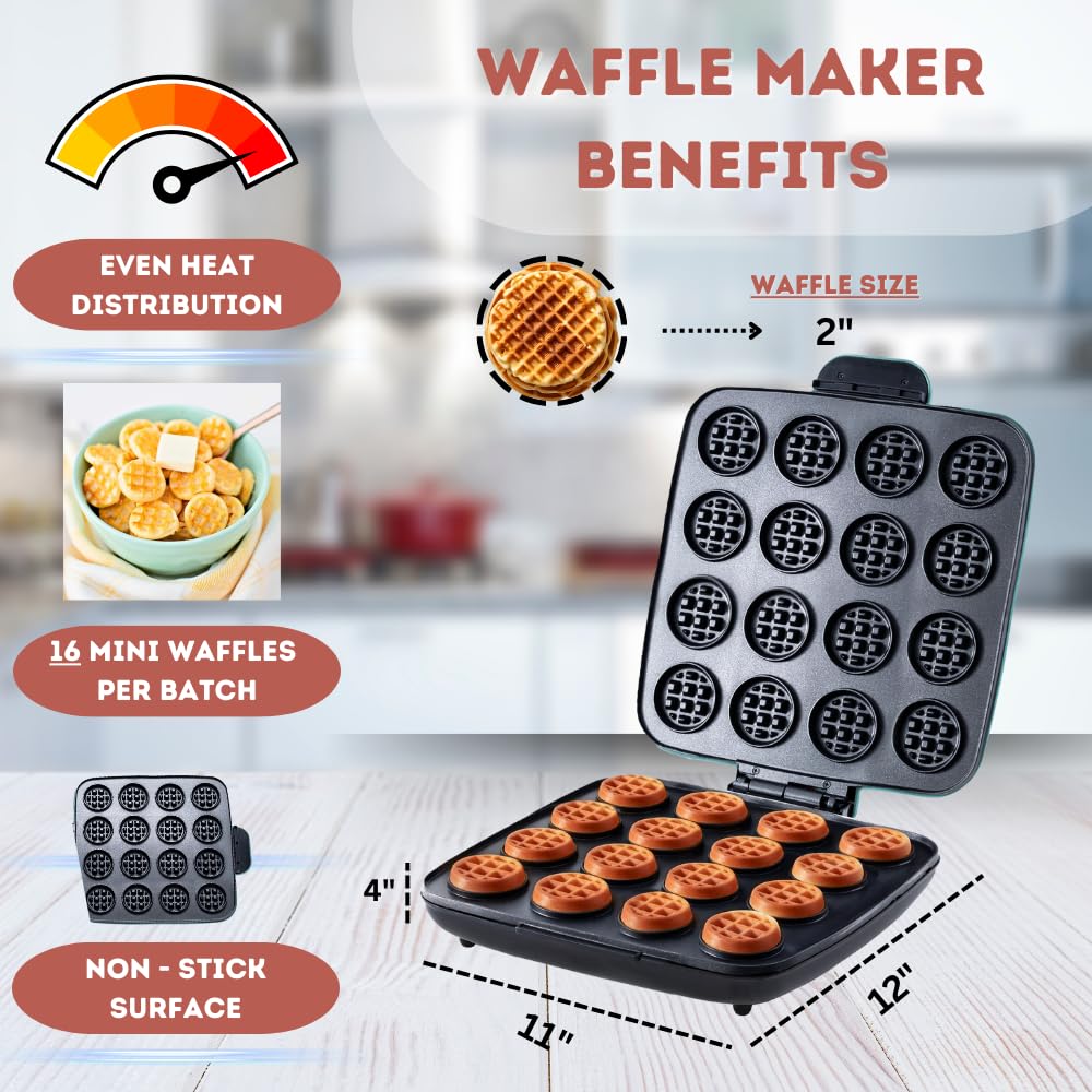 16 PCS Mini Waffle Maker Machine, Nonstick Waffles Iron Quick Heat-Up Surface, Simple & Easy Tiny Chaffle Baker for Home & Restaurants, Small Bites for Kids, Perfect for Breakfast, Desserts & Snacks