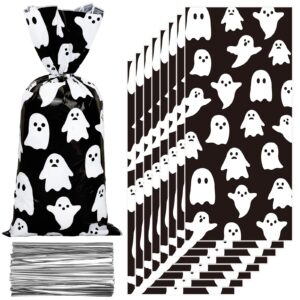 whaline 100pcs halloween cellophane treat bags with silver twist ties black white ghost plastic candy goodie bags party favor bags for halloween party favors