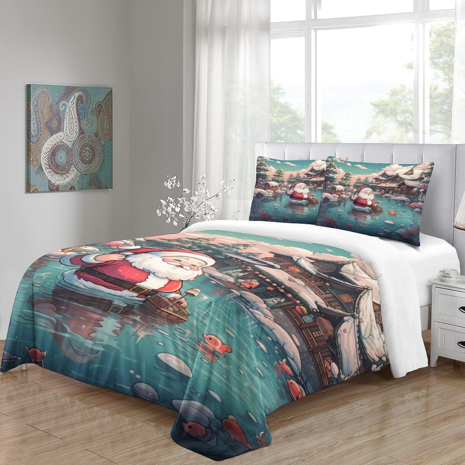 ERGTT Father Christmas Comforter Covers Quilt Cover Duvet Cover for Boys Girls 3D Printed Christmas with Zipper Closure Bedding Set with Pillow Cases Soft Microfiber 3 Pieces Queen（228x228cm）