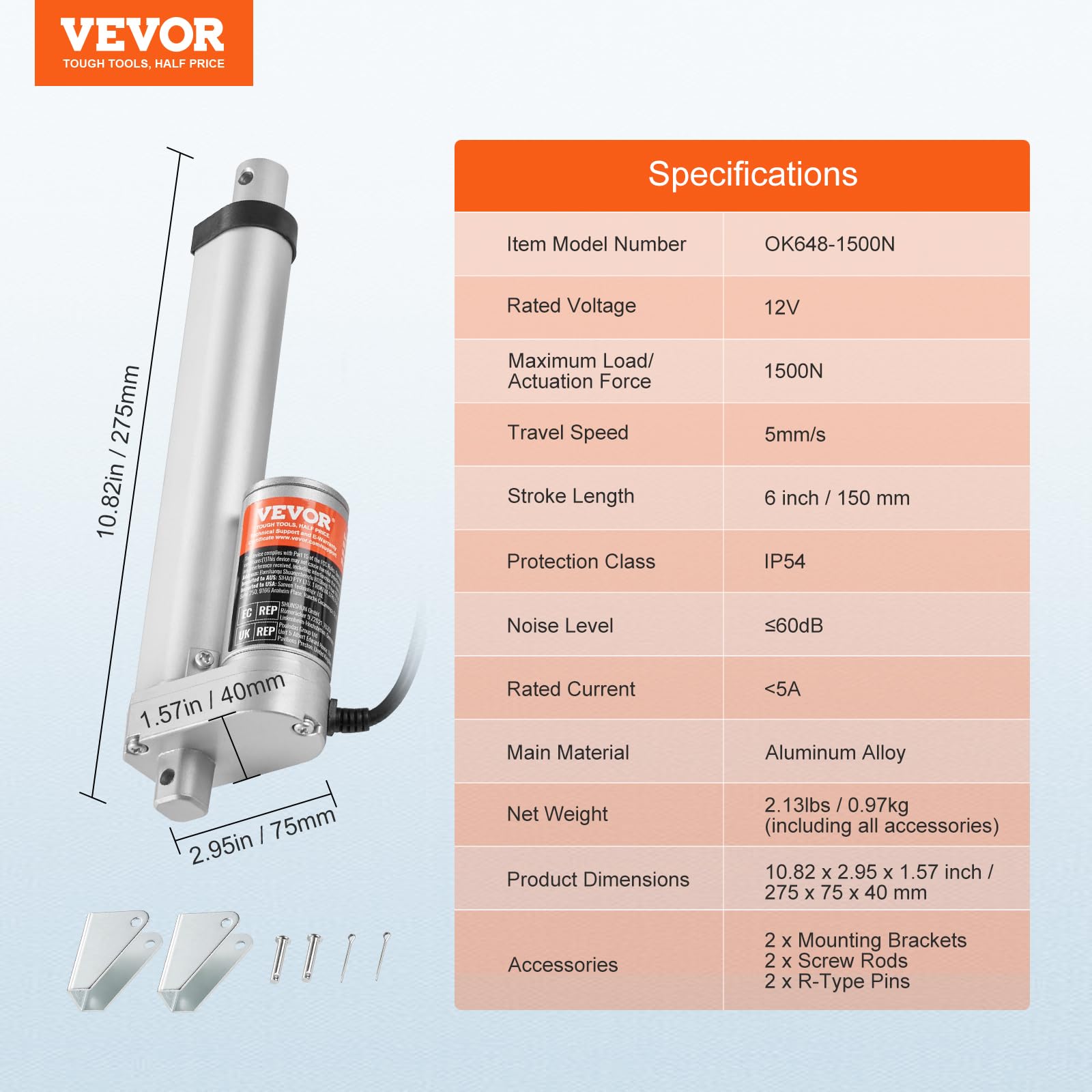 VEVOR Linear Actuator 12V, 6 Inch High Load 330lbs/1500N Linear Actuator, 0.19"/s Linear Motion Actuator with Mounting Bracket and IP54 Protection