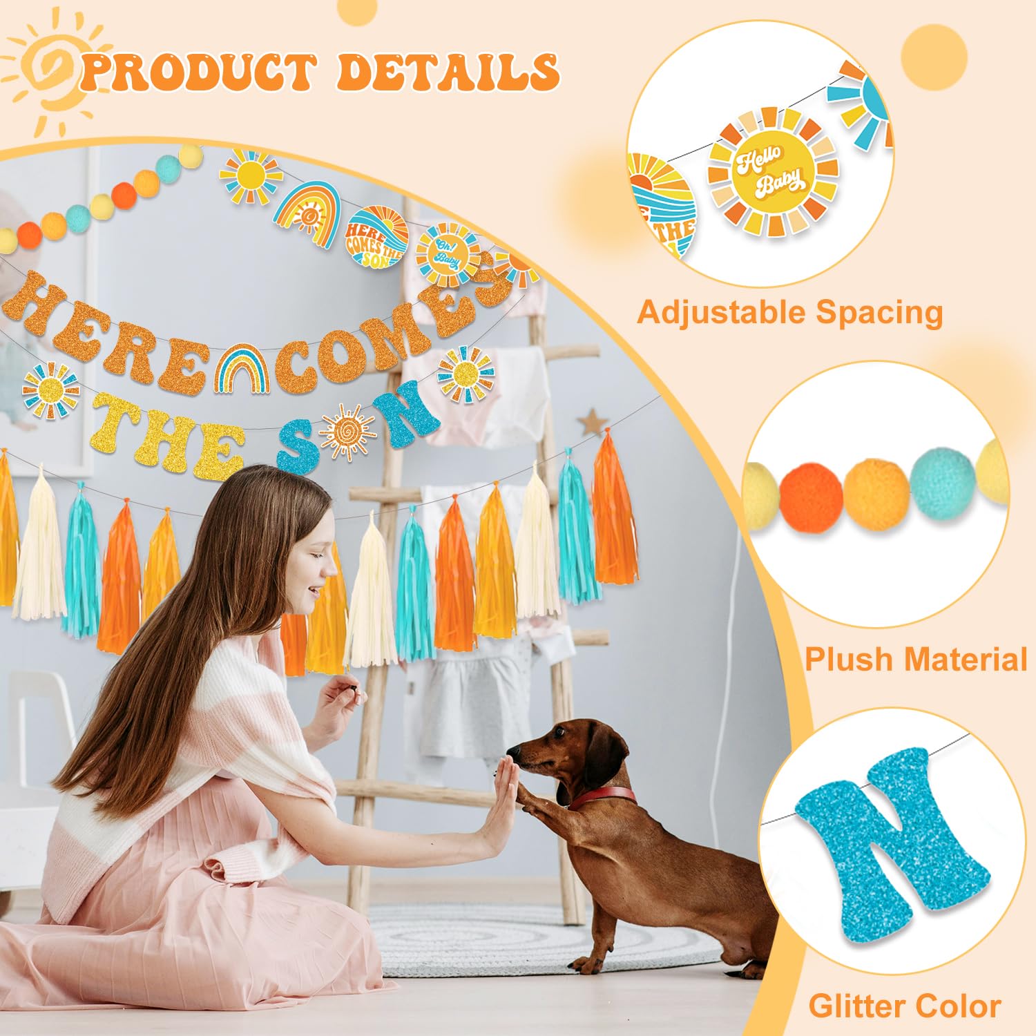 LARRAZABAL Here Comes The Son Baby Shower Banner, Here Comes the Son Baby Shower Decor Boy Boho Retro Sunshine 1st Birthday Party Supplies