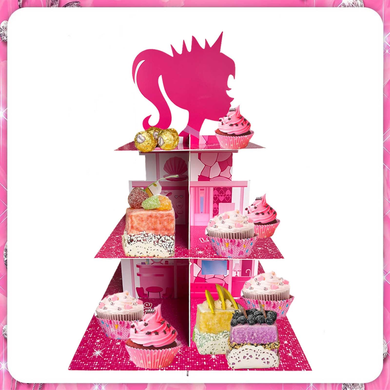 Zliisang Pink Princess Cupcake Stand 3-Tiered Pink Dessert Table Displays Pink Centerpieces for Girls Birthday Party Decorations Princess Baby Shower Table Decorations