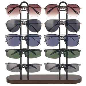 mkono sunglasses organizer for 10 pairs of eyewear glasses holder display stand sunglass storage eyeglasses rack double metal frames with wood base for table desk countertop dresser bedroom