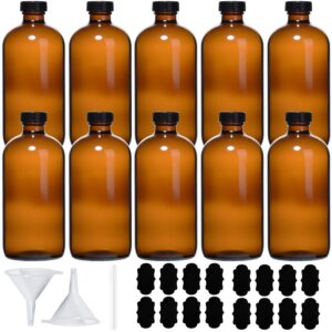 galssmagic 16 oz amber glass bottle,10 pack round sample dark bottles for oil,kombucha(black caps,labels and funnels included)