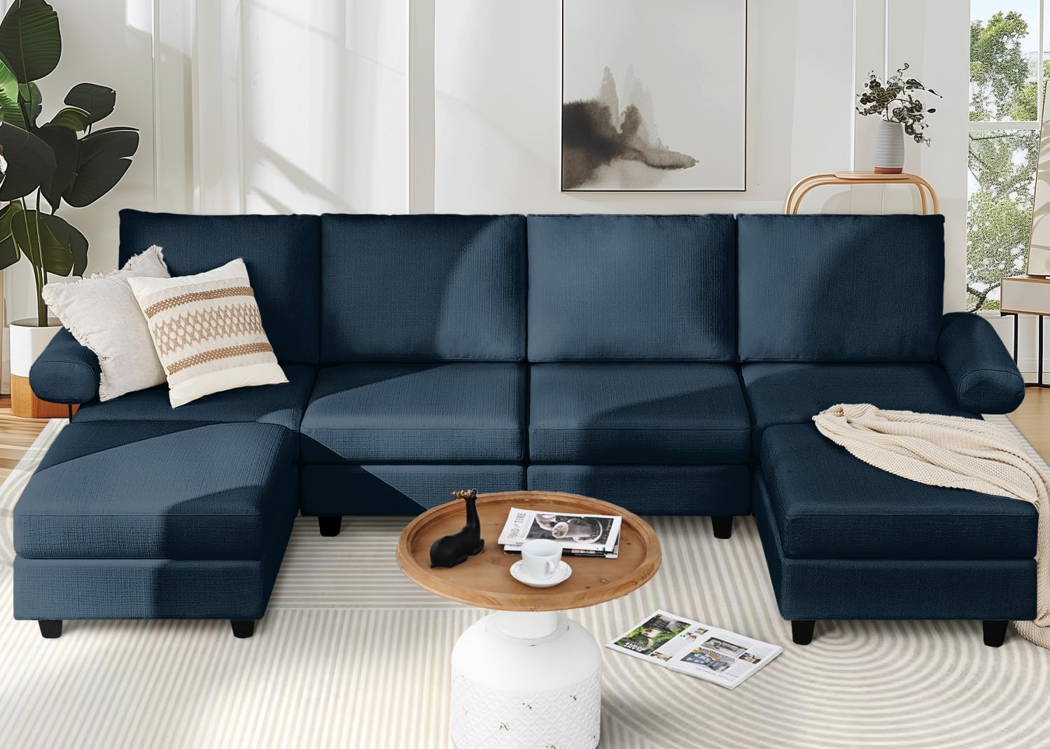 HALLYBEE Sectional Couches for Living Room Breathable Linen Oversized U Shaped Couch Convertible with Storage Modular Sectional Sofa with Ottoman 6 Seats Sectional Sofa Blue