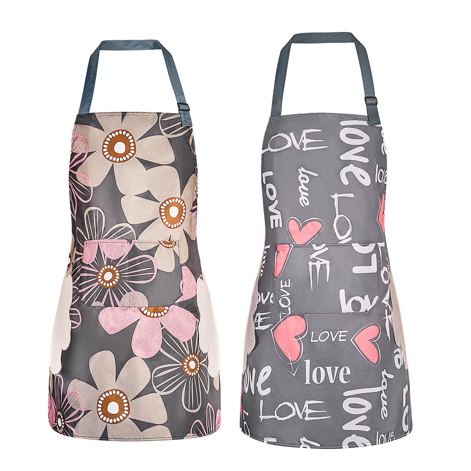 DILLMAN 2 Pack Floral Aprons with Pocket, Blooming Womens Aprons Waterproof Adjustable Cooking Aprons for Kitchen Gardening and Salon (2Pack #B)